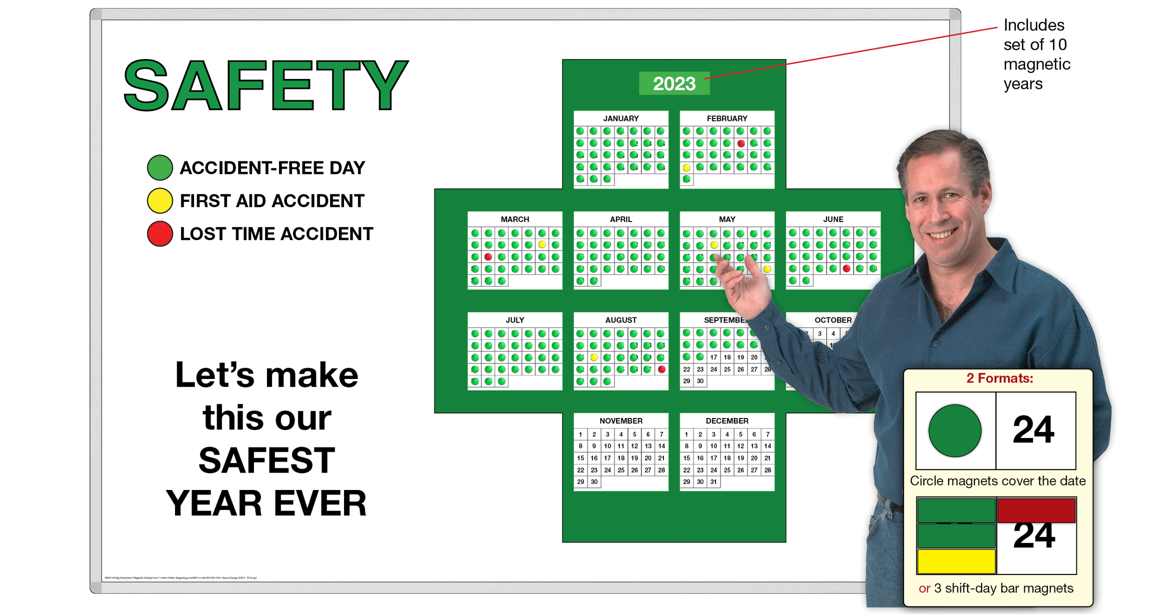 Magnetic 365-Day Accident Tracking SafetyCross® Whiteboard.