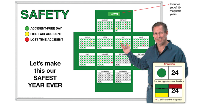 Magnetic 365-Day Accident Tracking SafetyCross® Whiteboard.