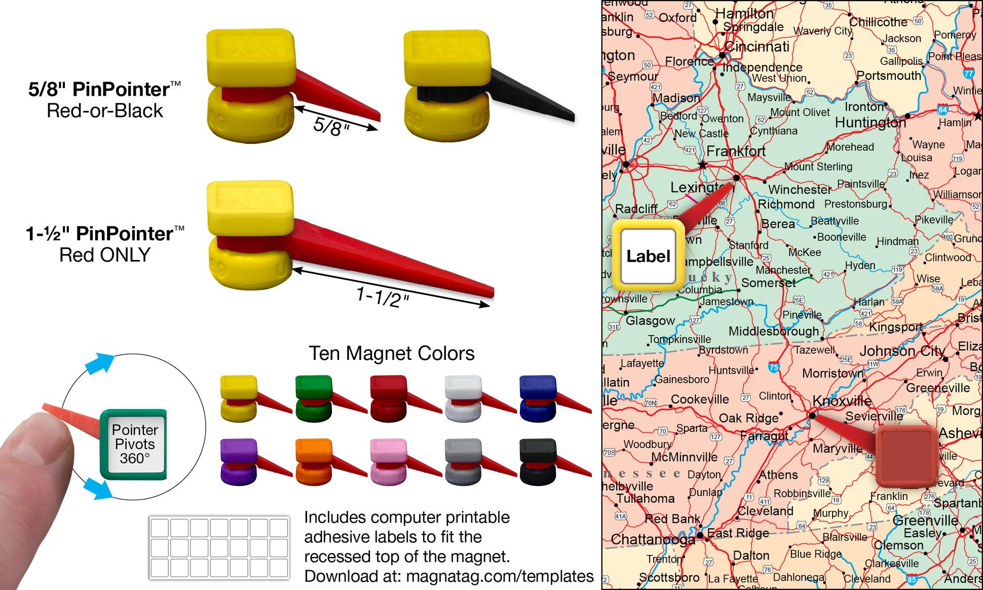 TackPoint® Map Magnets With Pivoting Pointer | 10 Colors